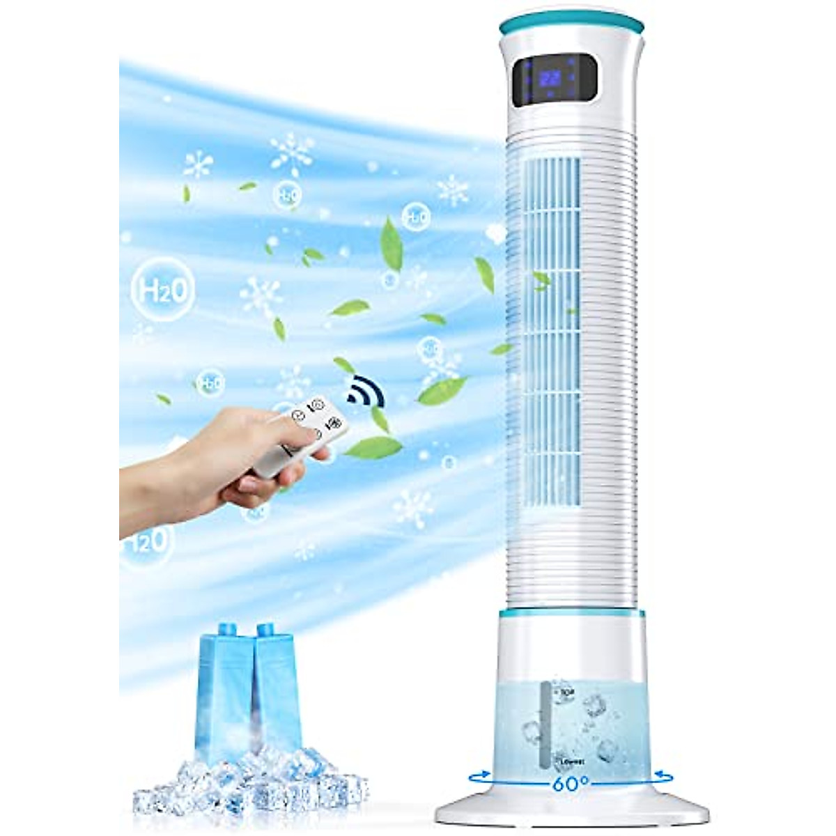 43-INCH Evaporative Air Cooler, BREEZEWELL Windowless Air Conditioner Portable for Room, 70°Oscillating Cooling Fan w/LED Screen, 15H Timer & Remote, 4 Modes & 3 Speeds, Air Cooler for Bedroom Office