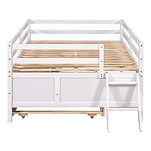 ODC Low Loft Bed with Trundle Bed and 3 Storage Drawers, Multifunctional Full Size Loft Bed with Climbing Ladder, Solid Wood Bed Frame with Full Safety Fence for Kids Boys Girls