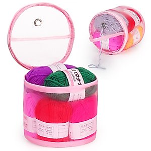 Katech Yarn Holder Empty Small Round Mesh Yarn Storage Bag Portable Crochet Yarn Balls Organizer Basket Crochet Thread Sewing Accessories Storage Tote Bags (Pink)