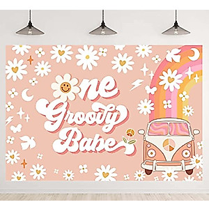 One Groovy Happy Birthday Backdrop for Girls Retro Boho 1st Birthday Party Photo Background Girl Daisy Floral Happy 1st Birthday Newborn Baby Party Decorations Cake Table Banner 7x5ft