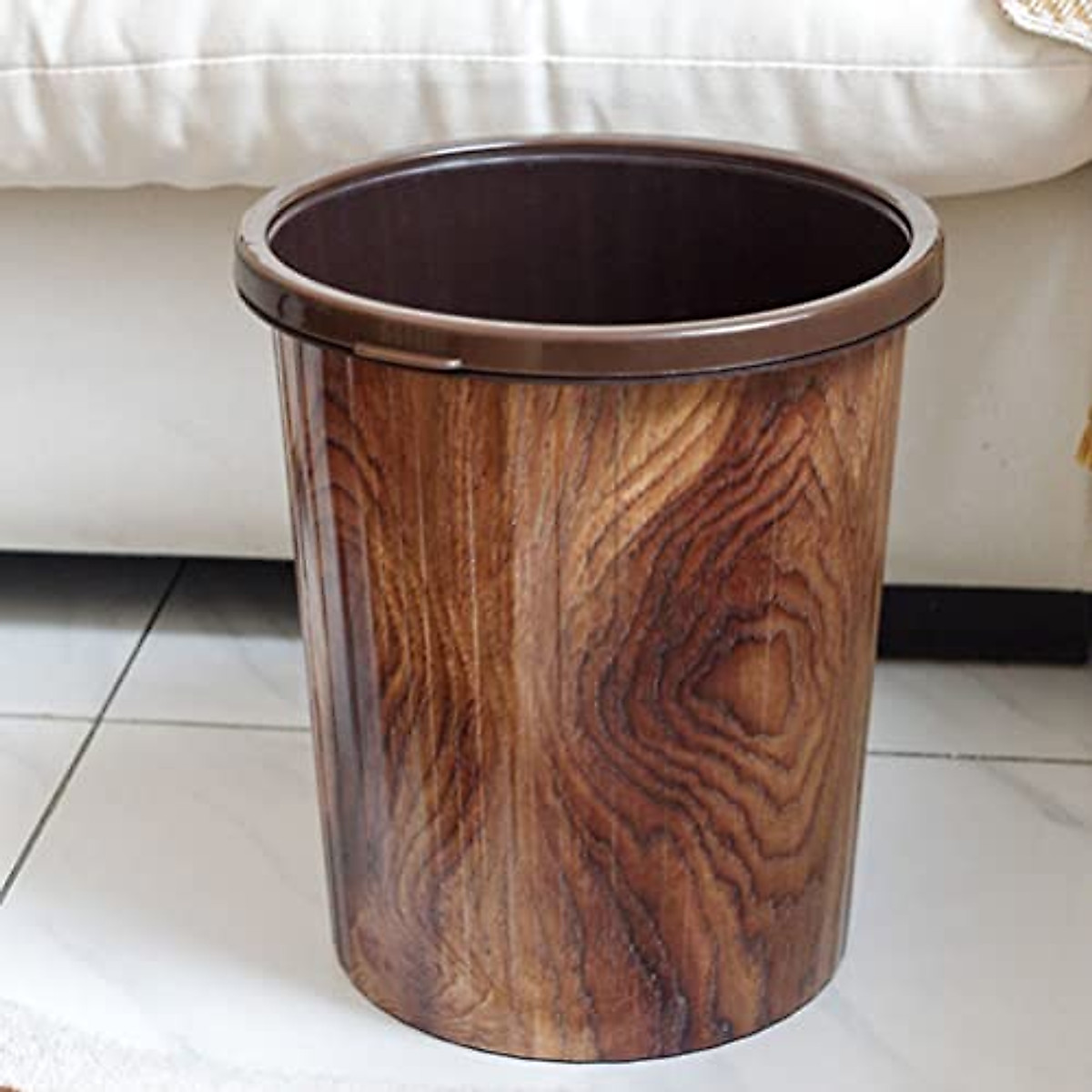 Angoily Trash Can with Pressing Ring 10L Imitation Wood Grain Waste Basket Garbage Can Rubbish Bin Flower Pot Toys Bucket for Home Office Brown