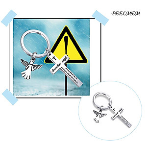 FEELMEM Guardian Angel Prayer Cross Keychain Guardian Angel Protect Me My Passengers By Safe Drive Safe Trip Travel Safely Keyring Motorist Prayer Gift (silver)