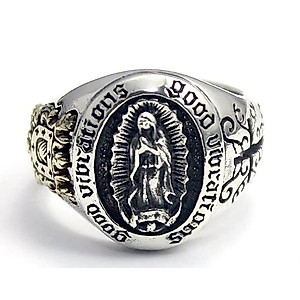 COSUMOSU Sterling Silver Our Lady of Guadalupe Virgin Mary Open Ring Adjustable for men