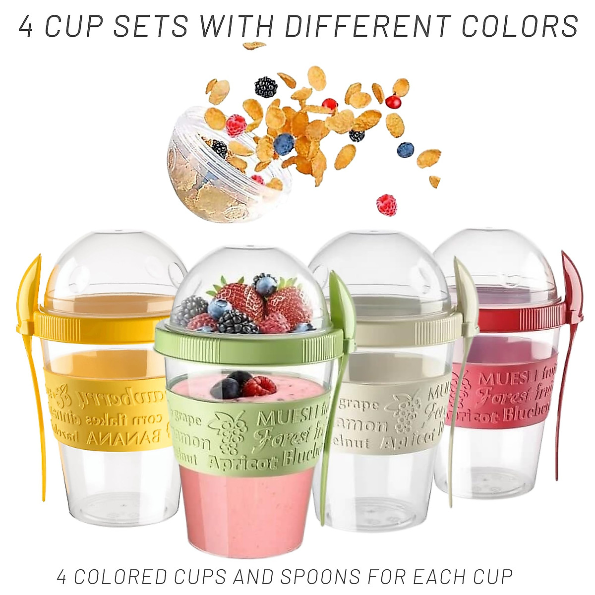 Fairway Finds 4 Pack of 20 oz Yogurt Parfait Cups With Lids Reusable Crunch Cup Portable Cereal Cup Meal Planning Containers Milk Granola Yoghurt Carrying Container Cereal on the go Lids and Spoons