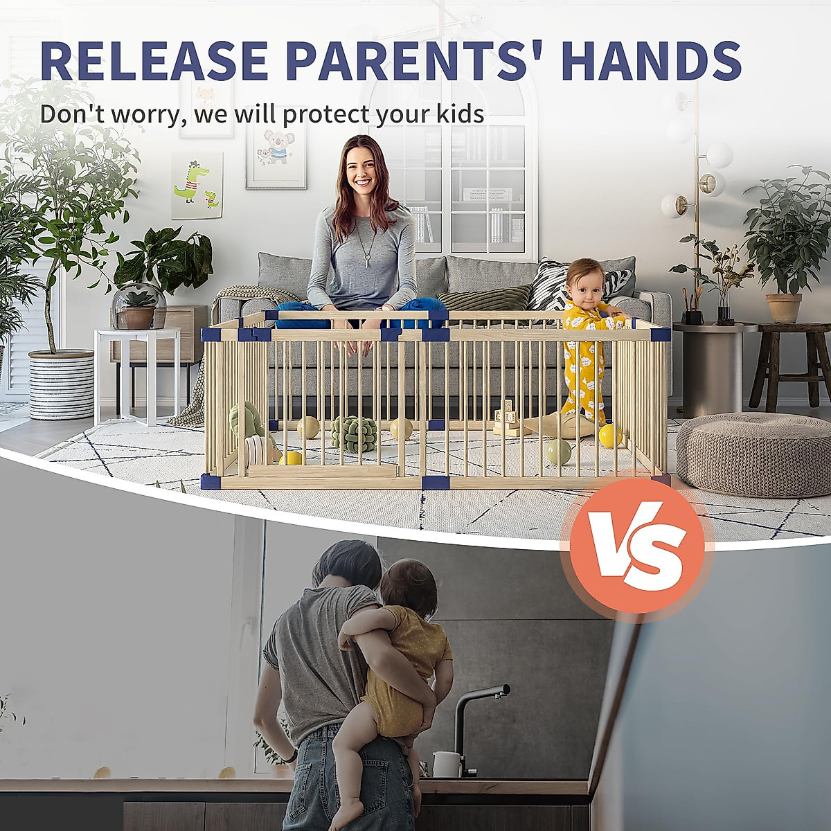 Linor Baby Playpen, Wooden Baby Playpen with Safety gate, 70.8"x59" Extra Large Playpen for Babies and Toddlers, Baby Play Yards, Playpen for Twins, Children, 100% Natural Wood