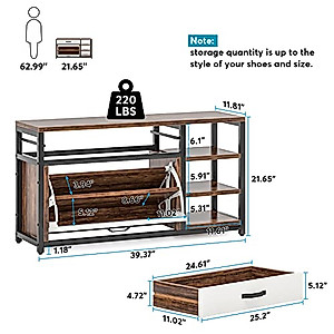 Tribesigns Flip Drawer Shoe Storage Bench, Hidden Shoe Cabinet with Drawer and 4 Tiers Shelves, 4 in 1 Tipping Bucket Shoe Storage Rack for Entryway, Hallway, Living Room, Rustic Brown & White