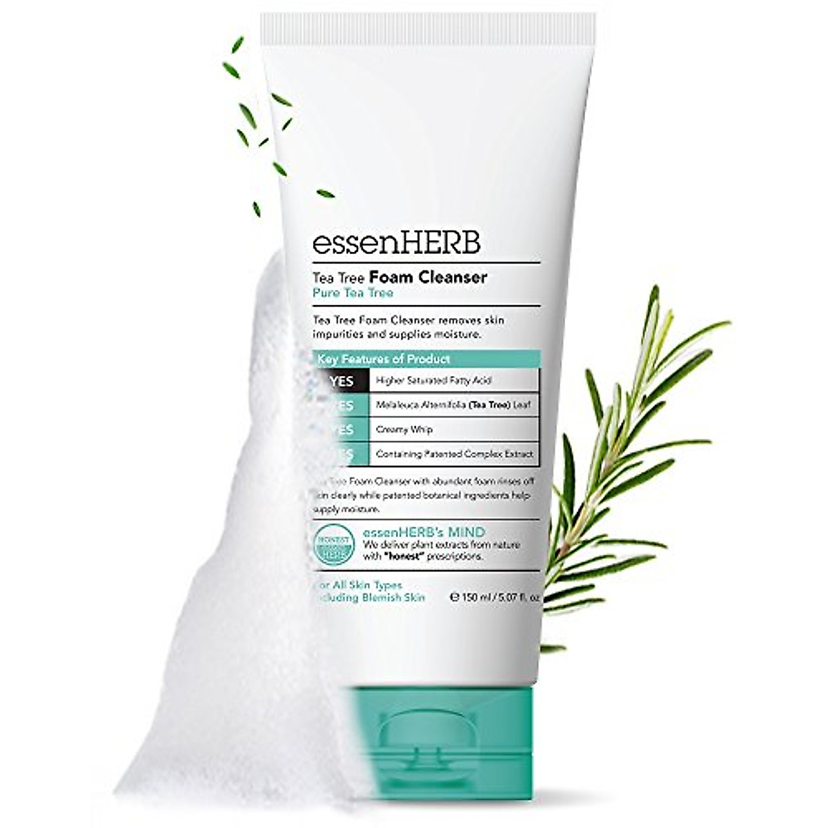 ESSENHERB TEA TREE FOAM CLEANSER, Creates a Creamy Foam that Soothes and Moisturizes, For All Skin Types Including Blemishes. (150ML)
