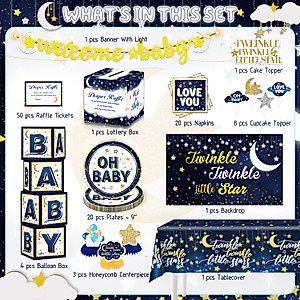 202pcs Twinkle Twinkle Little Star Baby Shower Decorations, Twinkle Twinkle Little Star Gender Reveal Decorations, Navy Blue White Gold Moon and Stars Baby Shower Decorations for Baby Gender Reveal