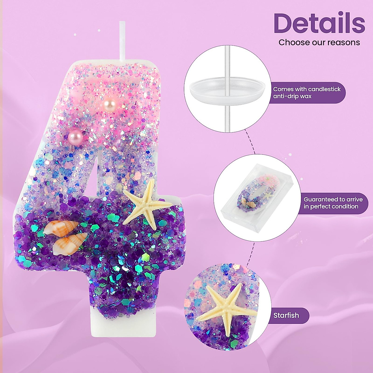 Birthday Candles, Pink and Purple Number 4 Candles Decorated with Conchs Starfish and Pearls for Mermaid Theme Party Cake Topper Supplies (Number 4)