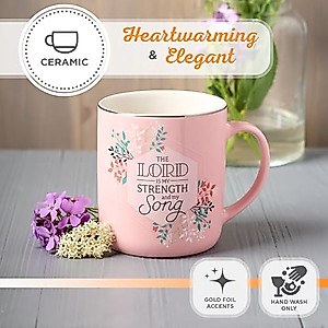 Christian Art Gifts Large, 14 oz Ceramic Scripture Coffee & Tea Mug for Women: The Lord is My Strength - Psalm 118:14 Inspirational Bible Verse, Lead-free Drinkware w/Silver Rim, Pink Floral