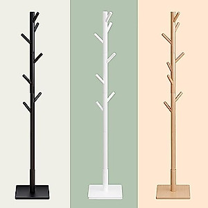 JOISCOPE Wooden Coat Rack Freestanding, Sturdy Coat Tree with 3 Adjustable Sizes, 8 Hooks and Easy to Assemble Coat Hanger for Coats, Hats, Scarves, Clothes and Handbags，Square(Black)