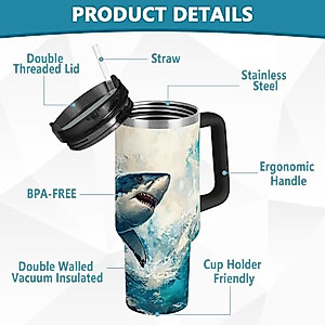 Flradish 40oz Tumbler with Handle, Shark Stainless Steel Tumbler with Lid and Straws Double Wall Vacuum Insulated Leakproof Coffee Travel Mug