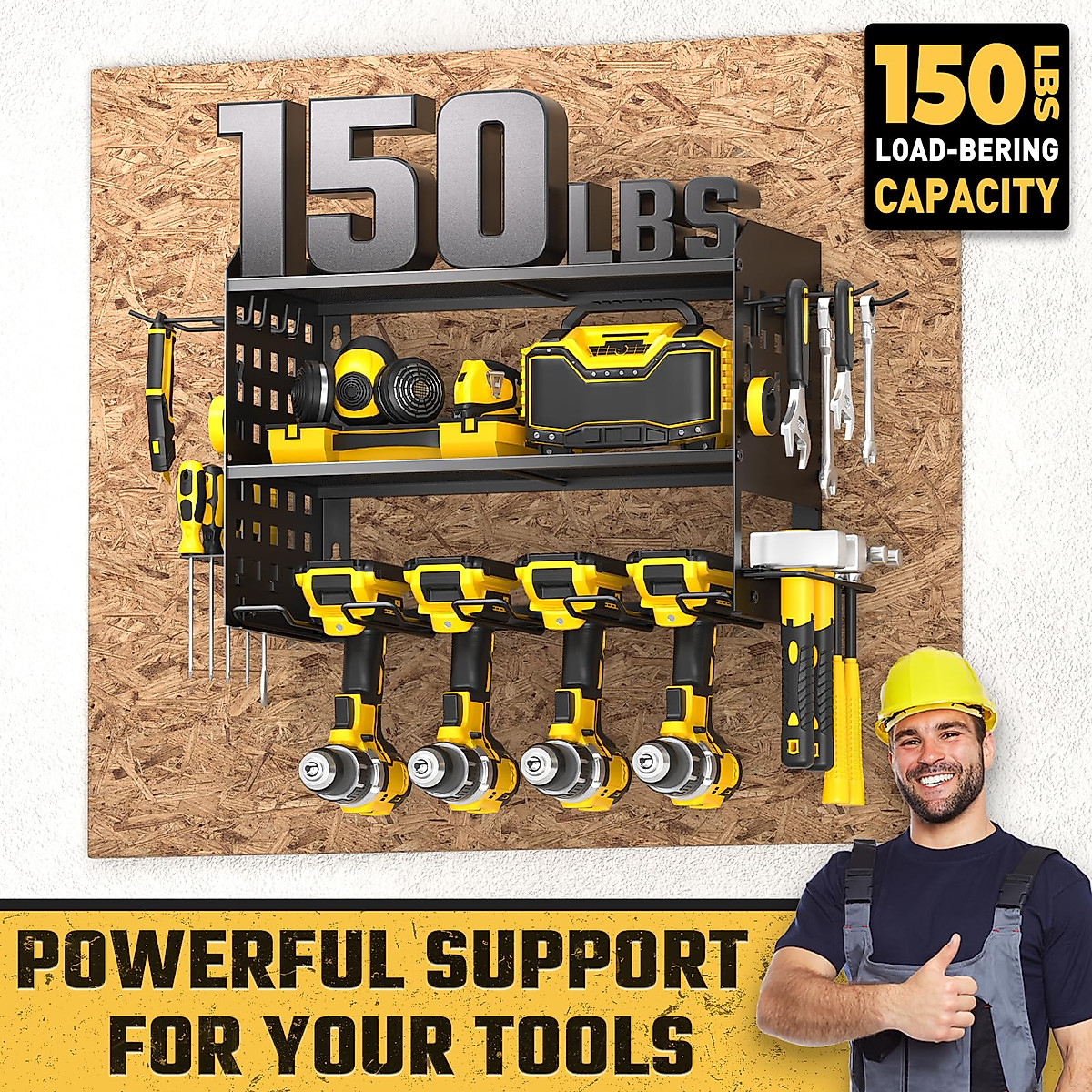 Spacecare Power Tool Organizer, Drill Holder Wall Mount with 2 Side Pegboards with Hooks, 3 Layer Garage Organization Floating Cordless Heavy Duty Tool Organizers Utility Rack for 4Drill Holders Black