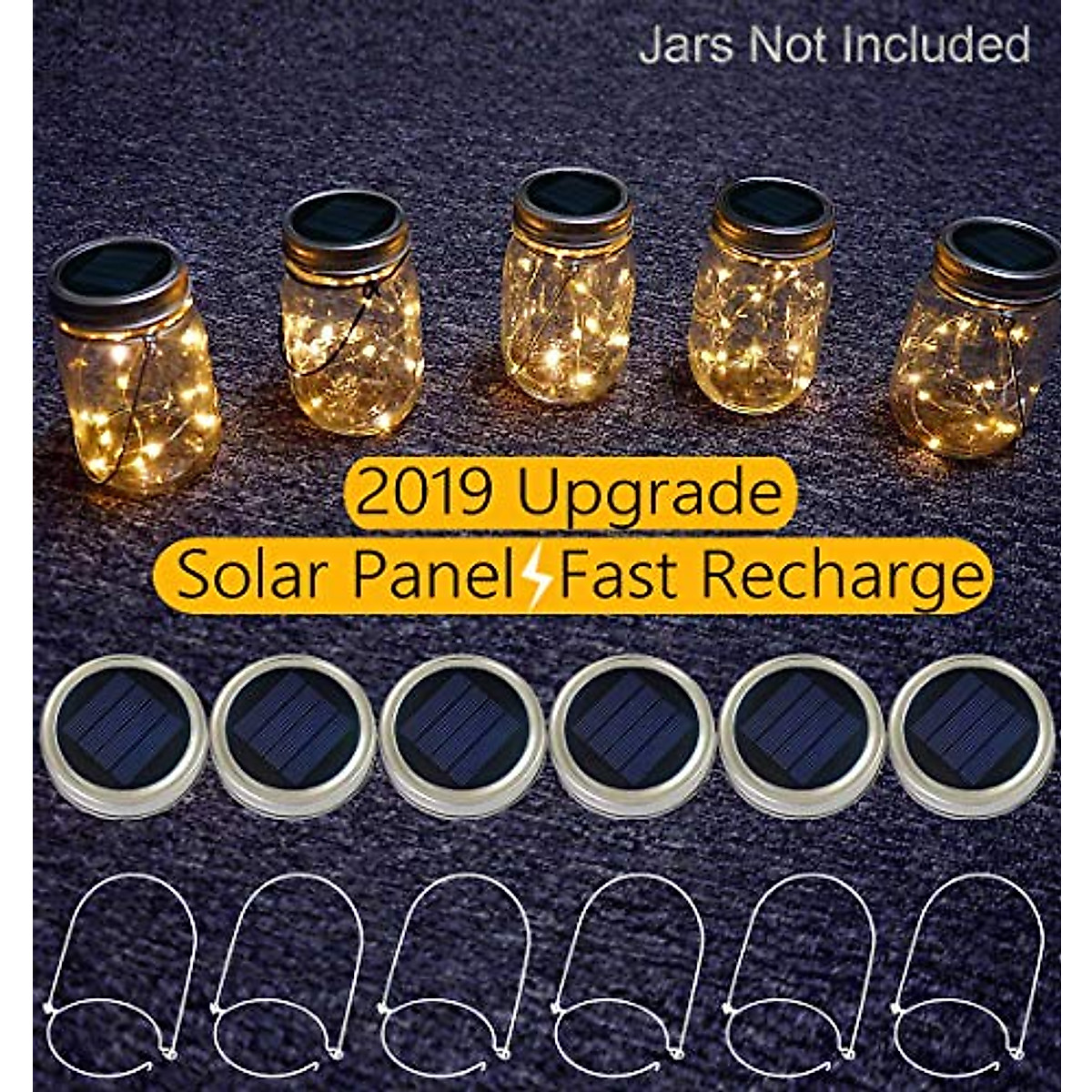 Solar Mason Jar Lid Lights, 6 Pack 30 Led String Fairy Star Firefly Jar Lids Lights,6 Hangers Included(Jars Not Included), Best for Mason Jar Decor,Patio Garden Decor Solar Laterns Table Lights