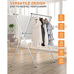 Clothes Drying Rack 63 Inches, Folding Laundry Drying Rack Clothing, Foldable Garment Hanging Drying Rack for Indoor Outdoor, Heavy Duty Collapsible Laundry Hanger Dryer Rack with 20 Windproof Hooks
