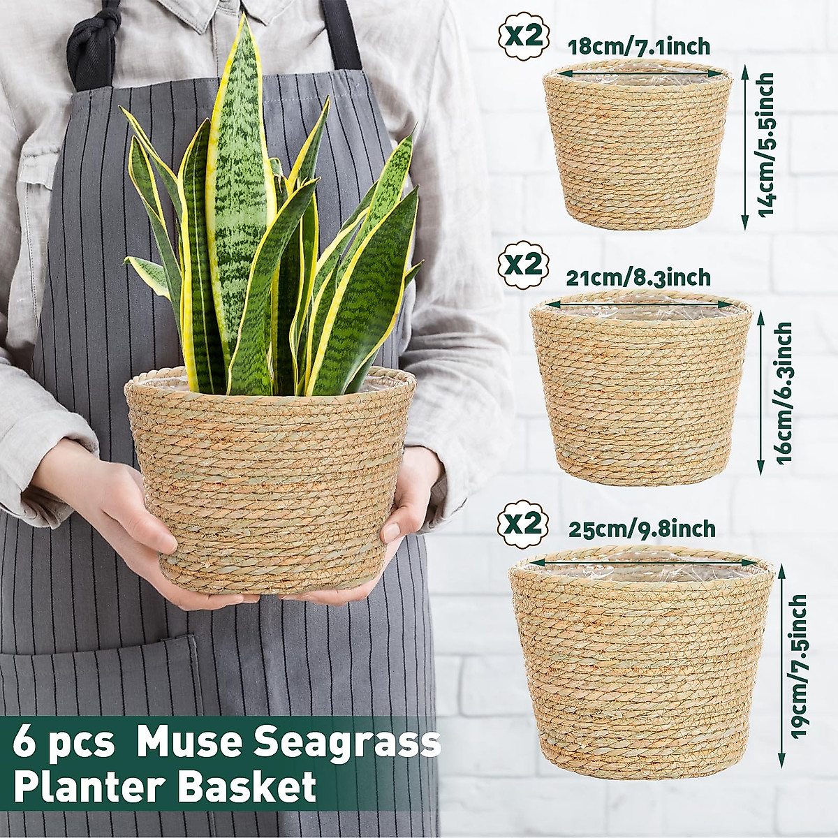 Mumufy 6 Pcs Seagrass Planter Basket Flower Pots Cover Plant Baskets Hand Woven Plant Basket Storage Containers with Plastic Liners for Indoor Outdoor Flower Pots Decoration 10, 7, 8.3 Inch(Classic)