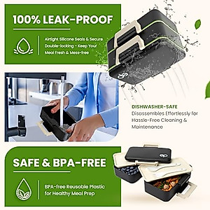 Adult Bento Box Lunch Box with Containers & Utensils - Leak Proof Bento Lunch Box for Adults - 2-Compartments w/ Handles, Sturdy, BPA-Free, Indoor, Outdoor, Gym, 5" x 7" x 4.5", Black Food Container