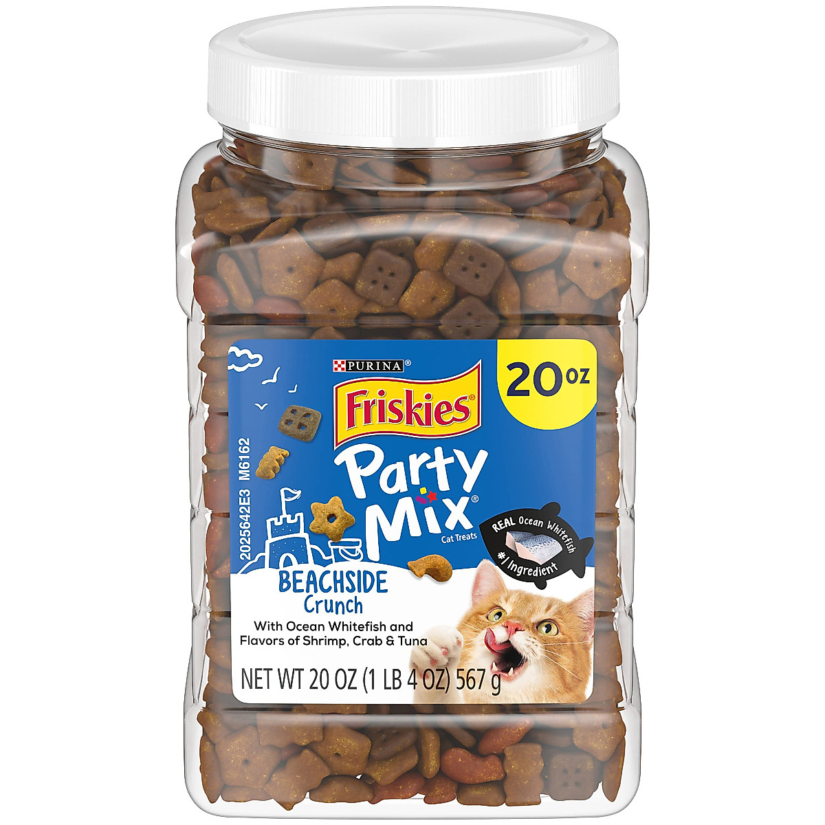 Purina Friskies Party Mix Cat Treats, Beachside Crunch, Made with Ocean Whitefish, Crunchy Cat Treats for Adult Cats, 20-Ounce Resealable Canister (Pack of 2)