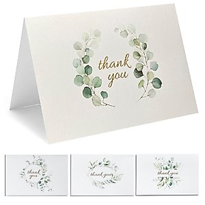 Ellen J Creations Floral Eucalyptus Wedding Thank You Cards, Pack of 48, 4x6, Blank, Smudge-Free, Heavyweight Cardstock, Gold Foil, Envelopes