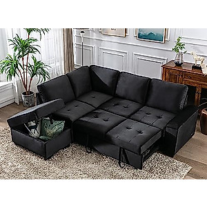 Merax Sofa Bed Sleeper Couch L Shaped Sofa with Storage Ottoman, L-Shape Sectional Couch with Comfortable backrest for Living Room and Small Apartment (Black)