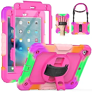 SEYMAC for iPad Mini 5/4 Case, 7.9 Inch, Sturdy Heavy Duty Shockproof Full-Body Protective Case with Screen Protector, Rotating Stand, Hand/Shoulder Strap, Camo/Pink
