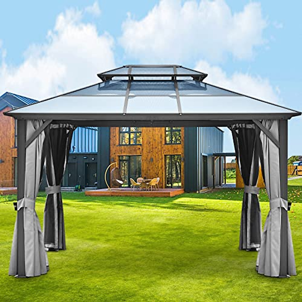 OUTMOTD 10x12 ft Polycarbonate Double Roof Gazebo with Netting and Shaded Curtains, Outdoor Gazebo 2-Tier Hardtop Galvanized Iron Aluminum Frame for Patio, Backyard, Deck and Lawns, Parties