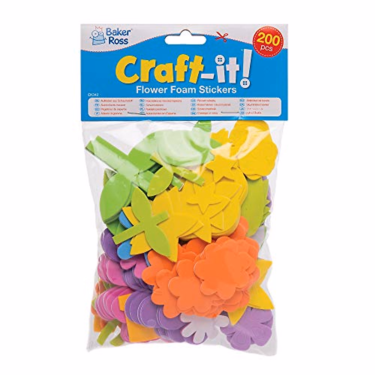 Baker Ross EK342 Self Adhesive Flower Garden Foam Stickers - Pack of 200, for Kids to Decorate Collage, Cards & Craft, 0.8cm-8.5cm, Assorted (EK342)