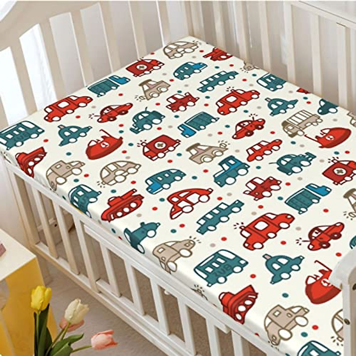 Cars Themed Fitted Crib Sheet,Standard Crib Mattress Fitted Sheet Ultra Soft Material -Baby Crib Sheets for Girl or Boy,28“ x52“,Scarlet Teal Tan