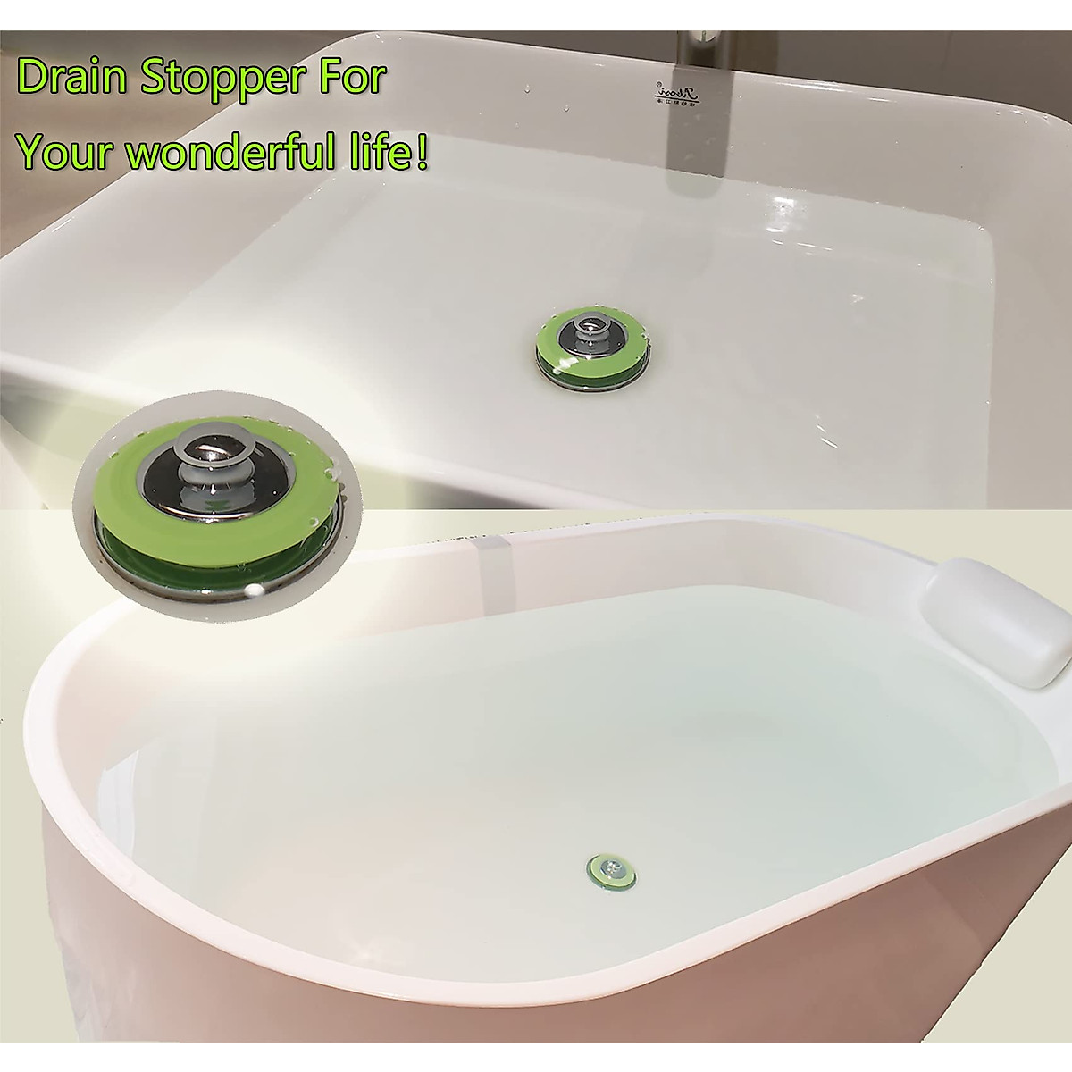 XAJOON Tub Stopper,Drain Stopper,Bathtub Plug,Bathroom Sink Stopper, Silicone Bathtub Stopper，Green Stopper (Patented Product)