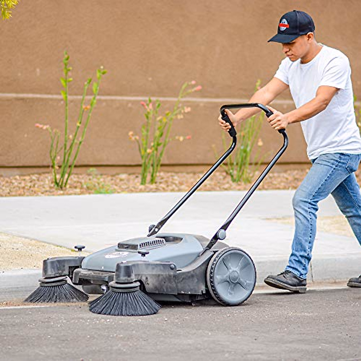 Tomahawk Industrial 38" Walk Behind Push Sweeper with Triple Power Side Brooms Floor Cleaning of Dust Litter Grass