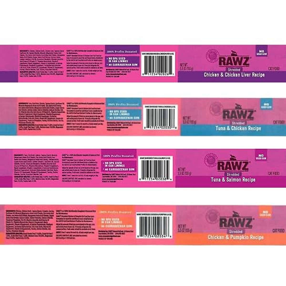 Rawz Natural Premium Canned Cat Wet Food Shredded -12 Pack Cans Variety Bundle -4 Flavors - (Tuna & Salmon, Chicken Liver, Tuna & Chicken, Chicken& Pumpkin) with Hotspot Pets Food Bowl - (5.5 oz Cans)