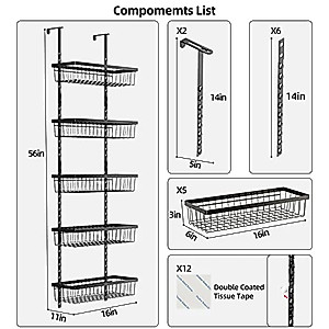 Over The Door Pantry Organizer 5 Tier,Pantry Organization and Storage,Heavy-Duty Metal Pantry Door Organizer with 5 Baskets,Adjustable Hooks for Doors Thickness Between 1.5 to 3 inch