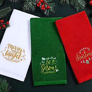 Shojoy 3 Pack Christmas Hand Towels 100% Cotton Large Size 25 x 14 Inch Christmas Theme Embroidery Towels for Christmas Home Bathroom Kitchen Decor (Red, Green, White)