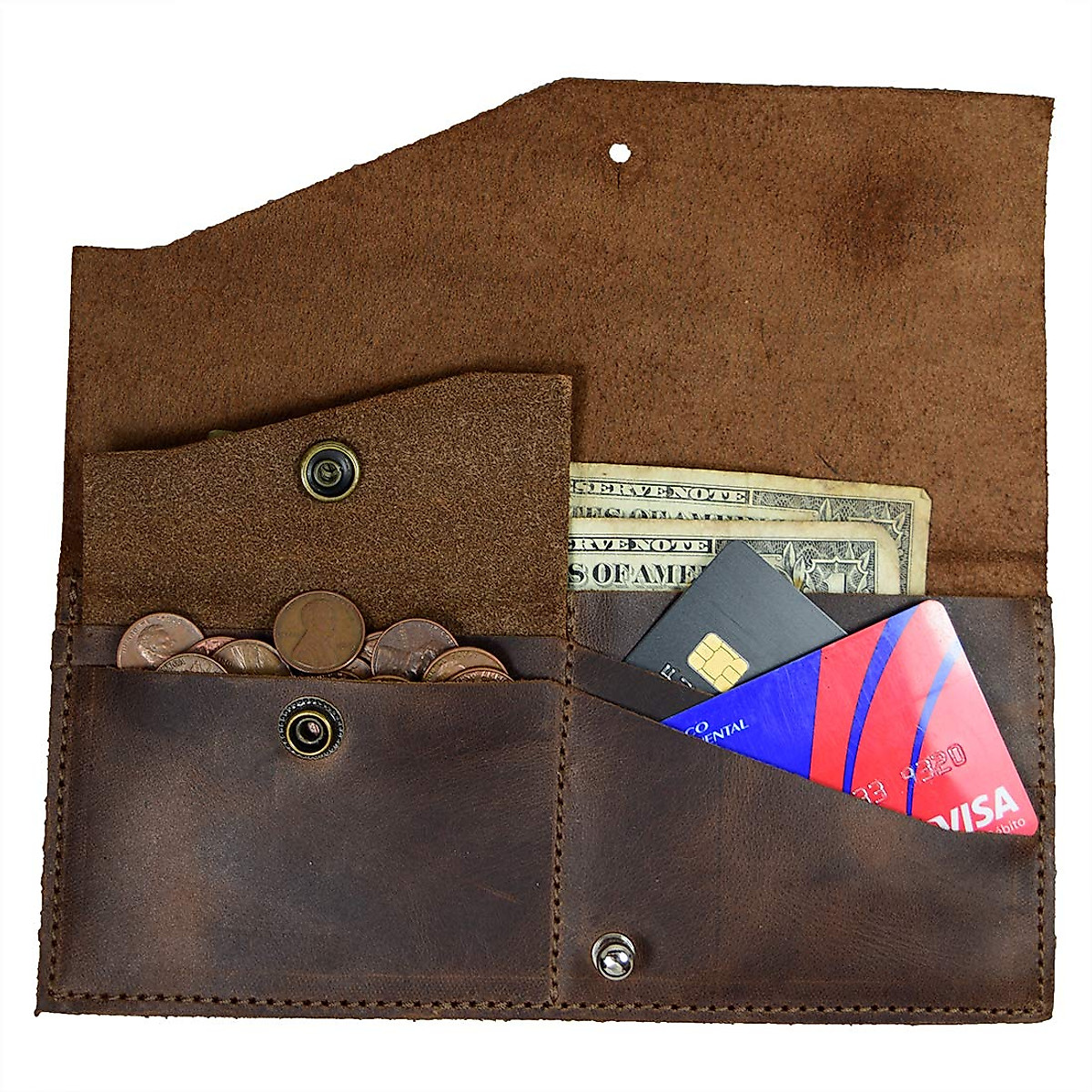 Hide & Drink, Folio Wallet, Holds Up to 10 Cards/Internal Pouch for Coins or SD Cards/Flat Bills/Travel/Case/Stylish/Vintage, Handmade :: Bourbon Brown