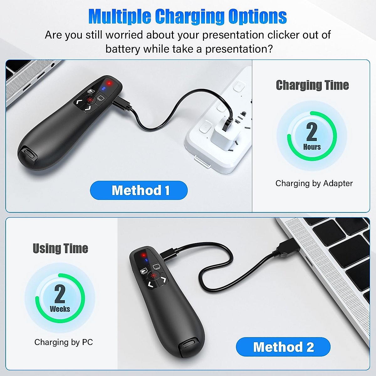 2-in-1 USB Type C Presentation Clicker, Clicker for PowerPoint Presentations, Rechargeable Wireless Presenter Remote, Pointer RF 2.4GHz USB PowerPoint Clicker Slide Advancer with Volume Control