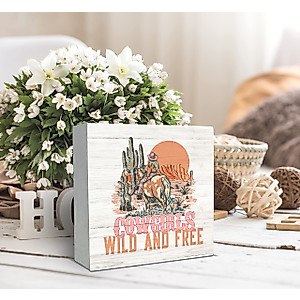 SRADMO Long Live Cowgirls Wood Box Sign Desk Decor，Retro Western Sunset Cowgirl Rodeo Theme Wooden Block Box Sign Decoration For Western Home Shelf Table Decor