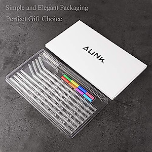ALINK Skinny Clear Glass Straws, 10.5" x 7 mm Long Reusable Drinking Straws for 30 oz RTIC/YETI Tumblers, Mason Jars, Pack of 8 with 2 Cleaning Brush and 8 Silicone Tips