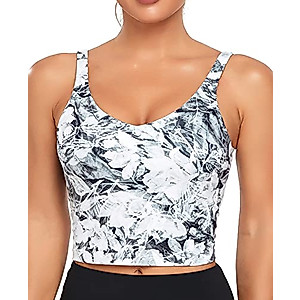 Oalka Sports Bra Womens Longline Padded Crop Tank Yoga Bras Workout Fitness Top Heart Floral Leaf White S