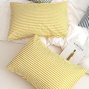 JELLYMONI 100% Cotton Striped Standard Pillowcases Set, 2 Pack White and Golden Yellow Stripes Pillow Covers with Envelope Closure(Pillows are not Included)