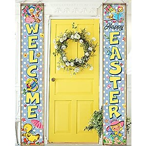 Happy Easter Porch Sign Banner Decoration-Vintage Easter Hello Spring Banner,2pcs Retro Chick Egg Welcome Front Door Hanging Banner for Spring Easter Party Decoration