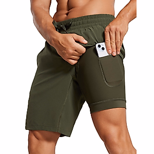 CRZ YOGA Men's 2 in 1 Running Shorts with Liner 9'' Quick Dry Workout Sports Athletic Shorts with Pockets Dark Olive Medium