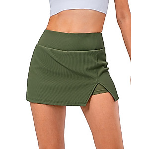 Women's Ribbed Team Sport Skirts with Shorts Pockets Plain Mini Slit Skort Skirts School Girl Y2K Tennis Golf Built-in Shorts Skirts Dress Green