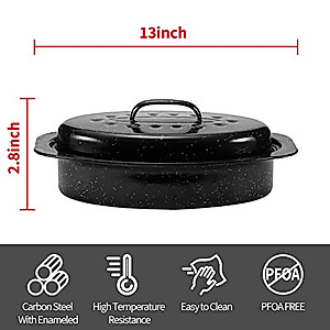 Granite Roasting Pan, Small 13” Enameled Roasting Pan with Domed Lid. Oval Turkey Roaster Pot, Broiler Pan Great for Small Chicken, Lamb, Vegetable. Dishwasher Safe Cookware Fit for 7Lb Bird