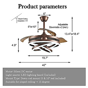 Cusp Barn 42" Retractable Fandelier Ceiling Fan with Lights Remote - Silent Dimmable Modern 6 Speed LED Chandelier Fan for Bedroom Living Room Kitchen