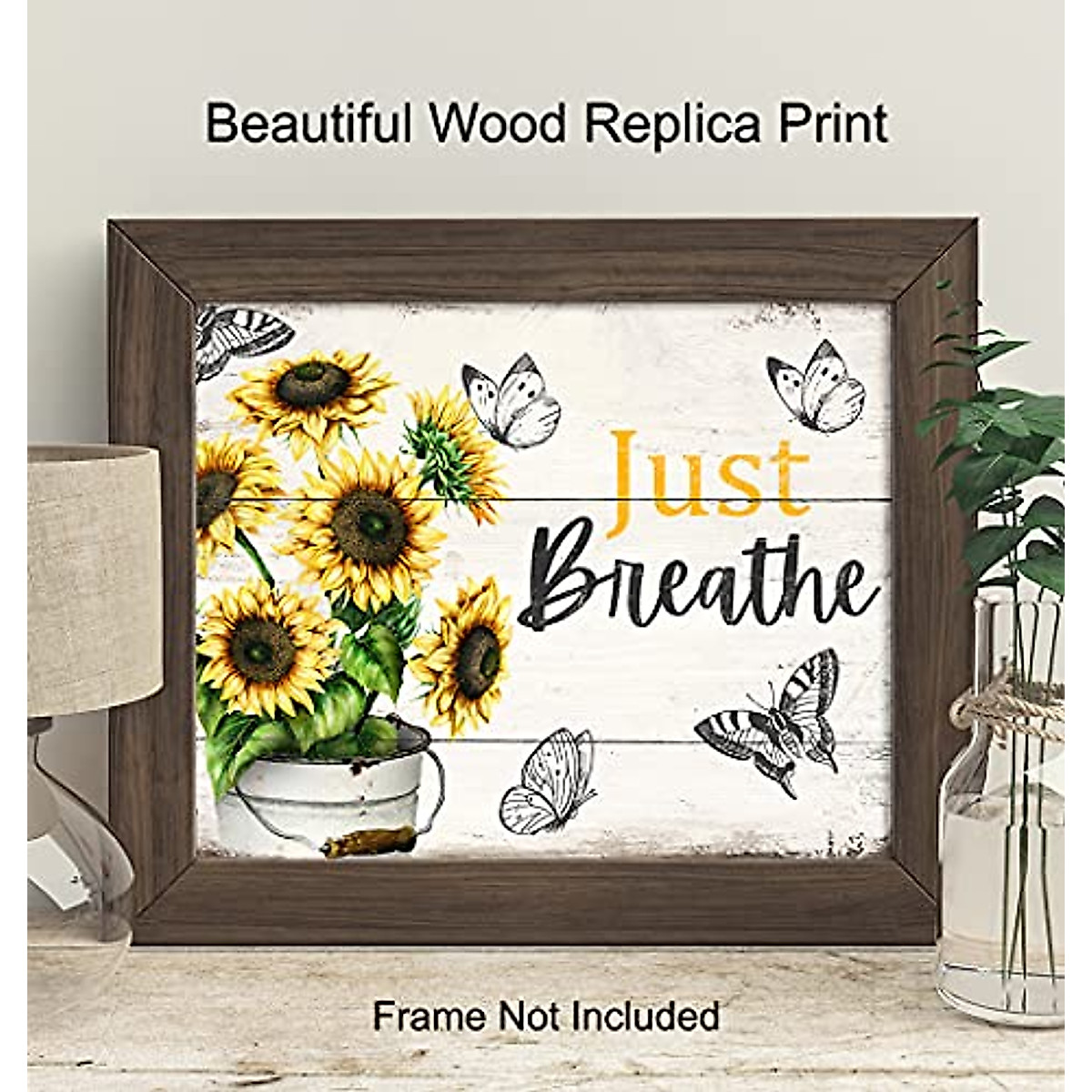 Just Breathe Sunflower Wall Art - Positive Quotes Wall Decor - Encouragement Gifts for Women - Inspirational Quotes Wall Decor - Uplifting Gifts for Women - Bedroom Wall Art Sign - Country Wall Art