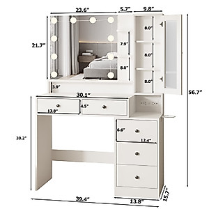 Fameill White Makeup Vanity Desk with Mirror and Lights,Vanity Table with Power Strip and Lighted Mirror,Large Makeup Table with 5 Drawers Lots Storage,3 Lighting Modes,39.4inch(L)
