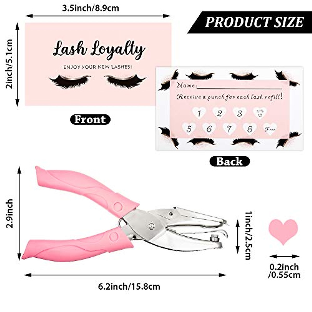 150 Pieces Heart Shaped Lash Extension Refill Filler Loyalty Punch Cards with Metal Single Handheld Hole Paper Punch Puncher for Eyelash Extensions Business Beauty Salons DIY Craft Decoration