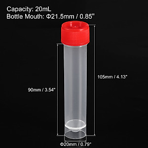 PATIKIL 20mL Plastic Test Tubes, 40 Pack Frozen Test Tube Vial Container Storage Screw Cap for Lab Laboratory Science, Red Clear