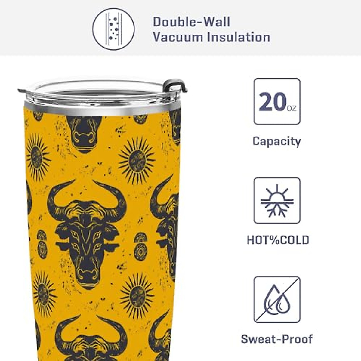 Carnival Buffalo Pattern Safari Yellow Stainless Steel cup for hot drinks Leak-proof Lid and Straw mug spill proof leak proof for Water Aesthetic tumblers with lids and straws 20 OZ
