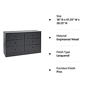 Prepac Astrid 6 Drawer Double Dresser For Bedroom, 16" D x 47.25" W x 28.25" H, Black